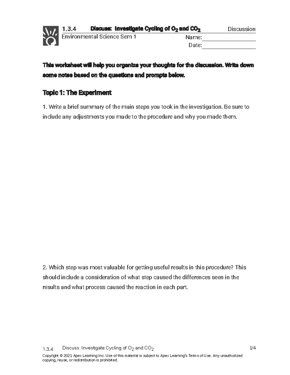 1.3.4 Discuss - Investigate Cycling of O sub 2 sub and CO sub 2 sub ...