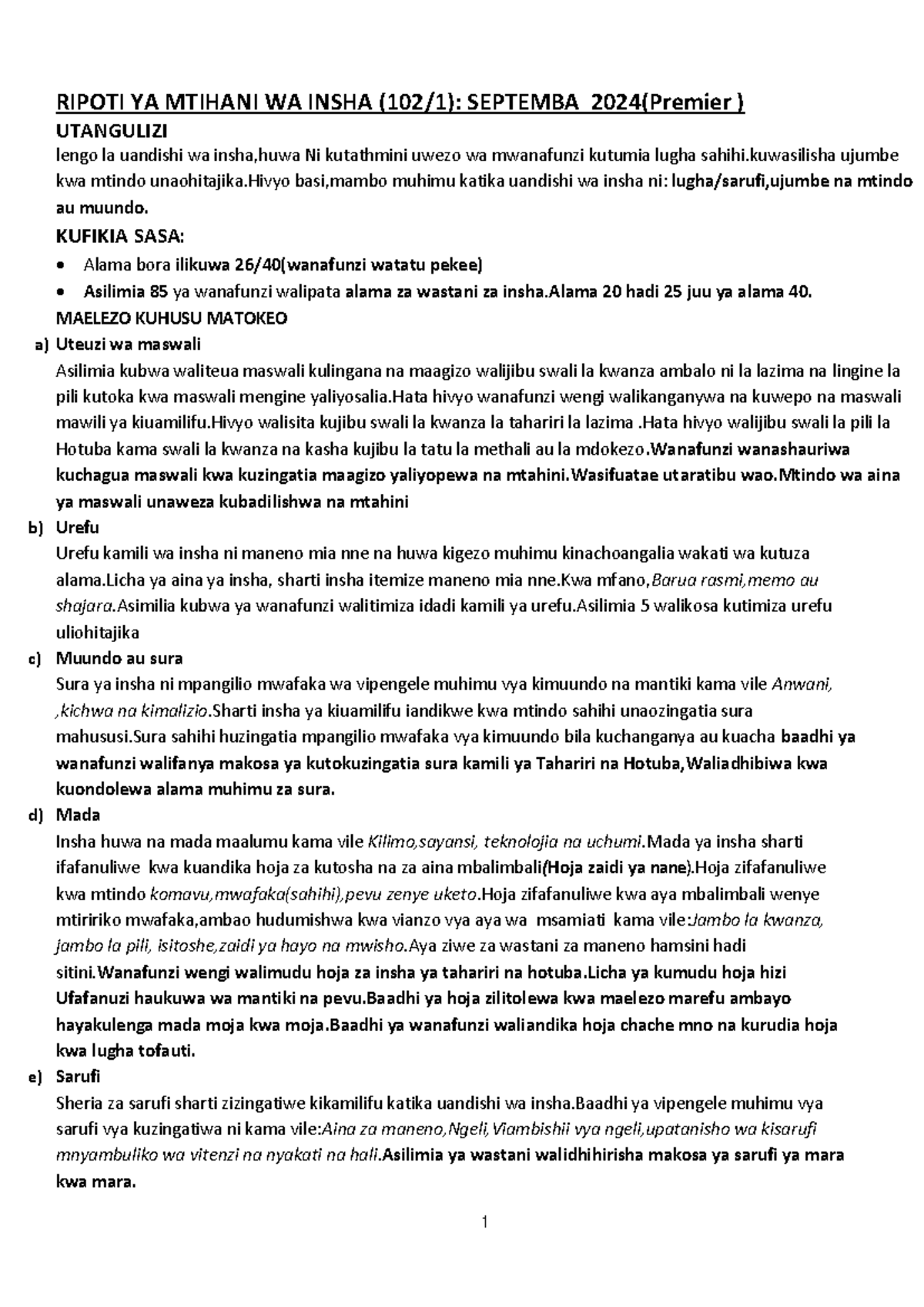 Insha Report 2024 September - RIPOTI YA MTIHANI WA INSHA (102/1 ...