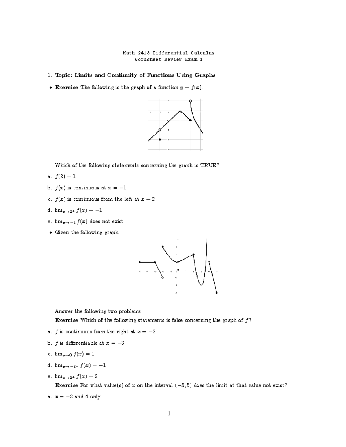 Practice Problems For Exam 1 M2413UTD - Math 2413 Differential Calculus ...