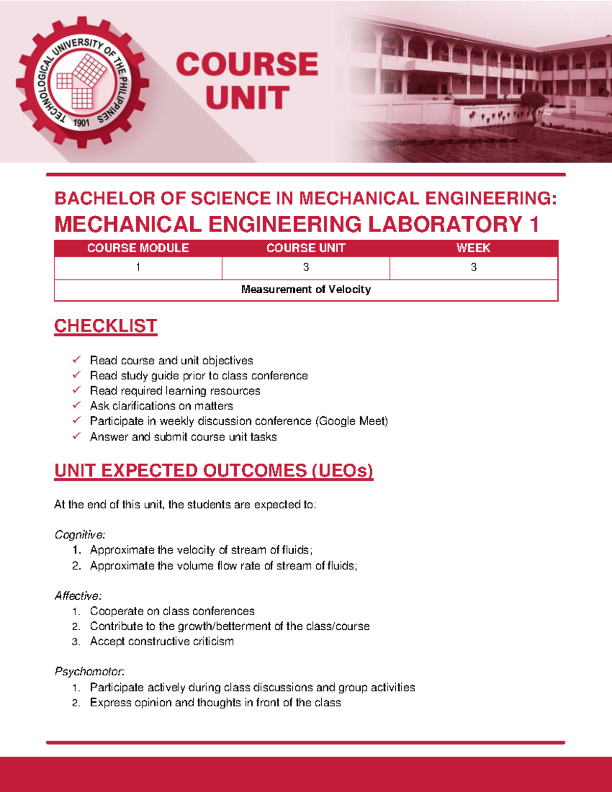 Course Unit 3-FME 18L (Mechanical Engineering Laboratory 1) - BACHELOR OF SCIENCE IN MECHANICAL ...
