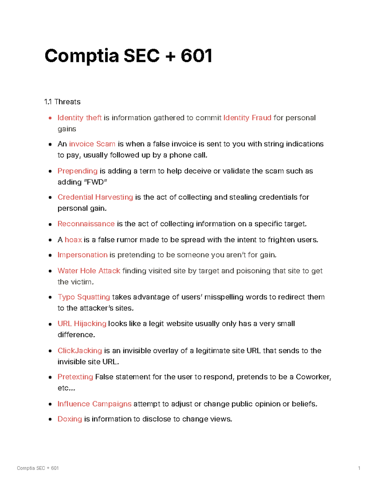 Comptia SEC 601 Domain 1 - Comptia SEC + 601 1 Threats Identity theft is information gathered to ...