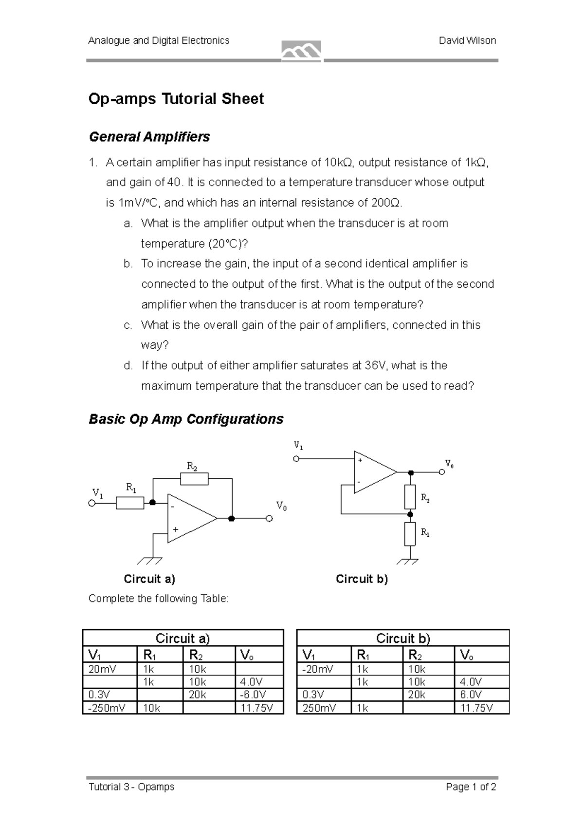 Tut Sheet 3 opamps - Module Leader Dave Wilson D.Wilson@Derby.ac.uk - Analogue and Digital - Studocu