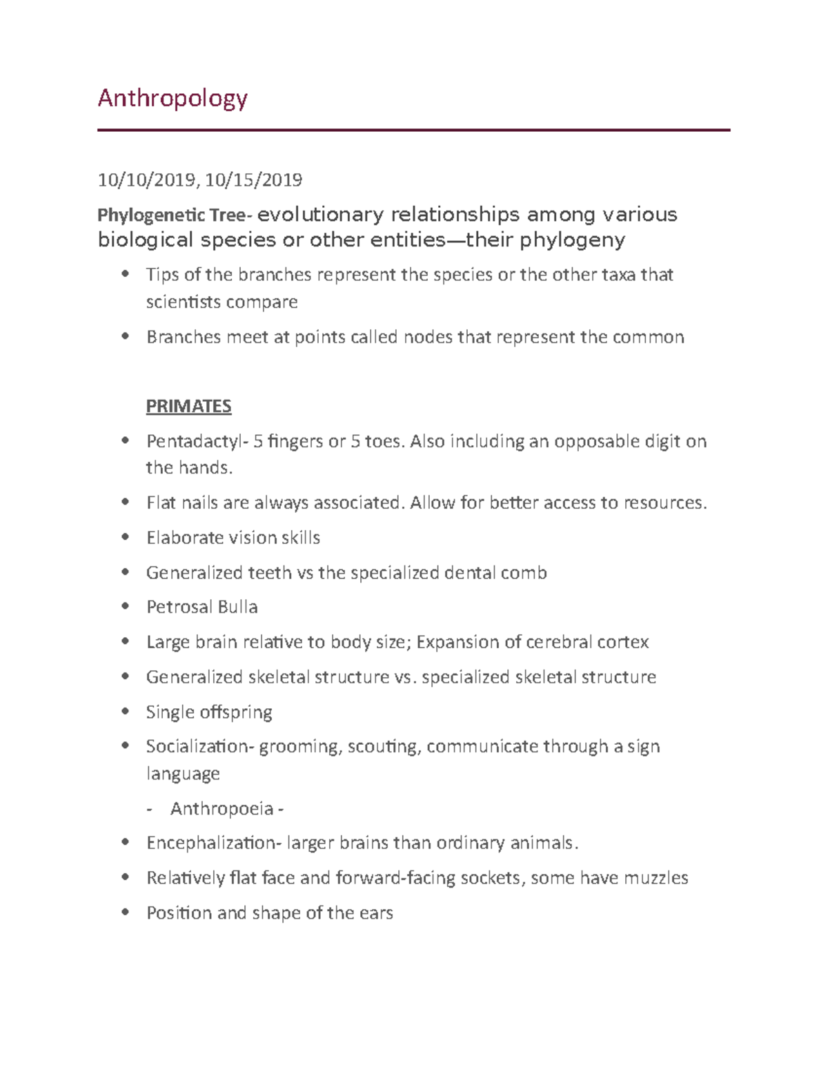 Anthropology notes - Anthropology 10/10/2019, 10/15/ Phylogenetic Tree ...