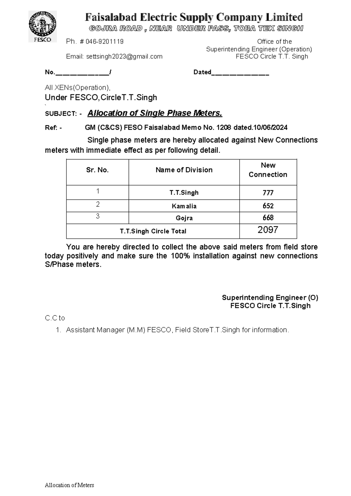 Allocation of Meters New connection 2 - Superintending Engineer ...