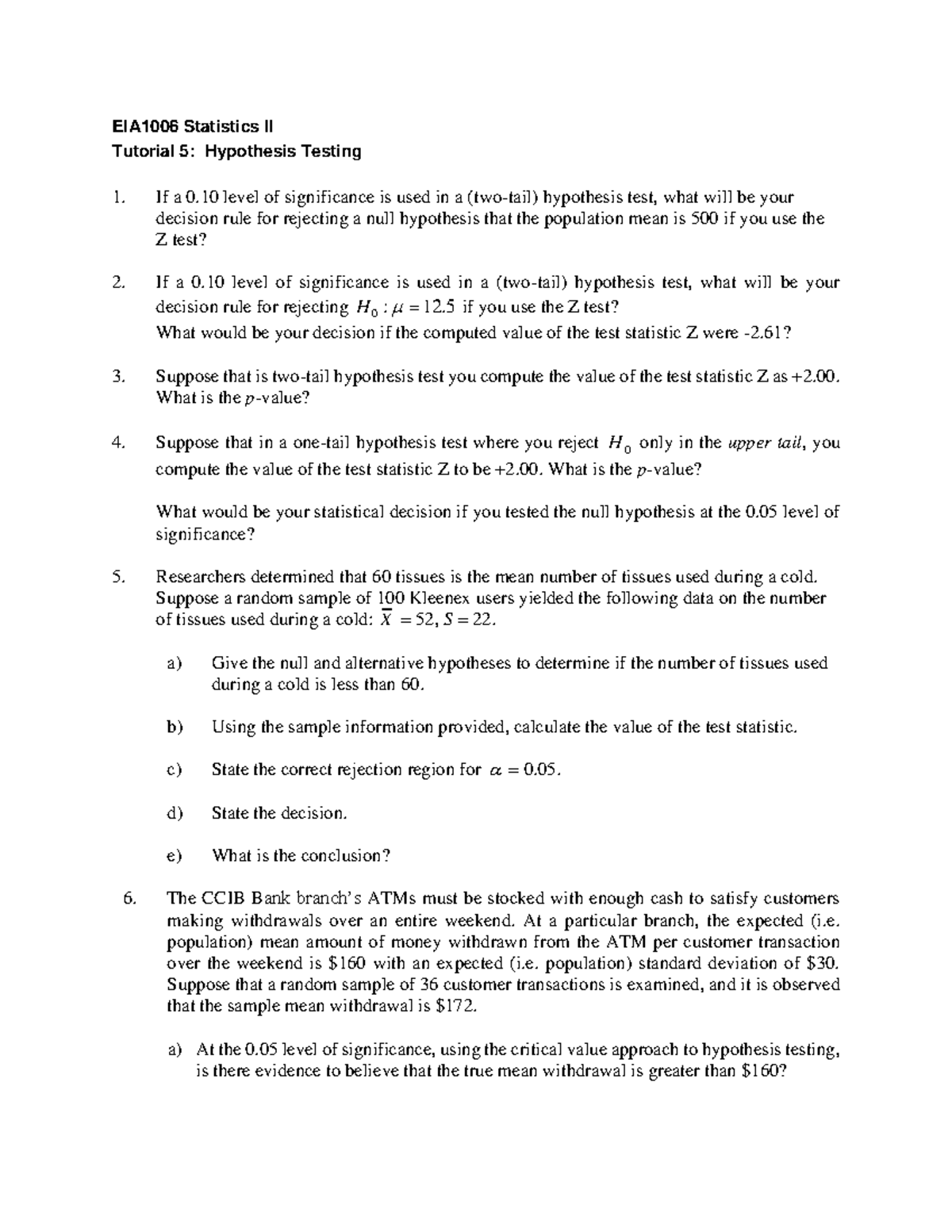 EIA1006 Tutorial 5 Hypothesis Testing IR - EIA1006 Statistics II ...