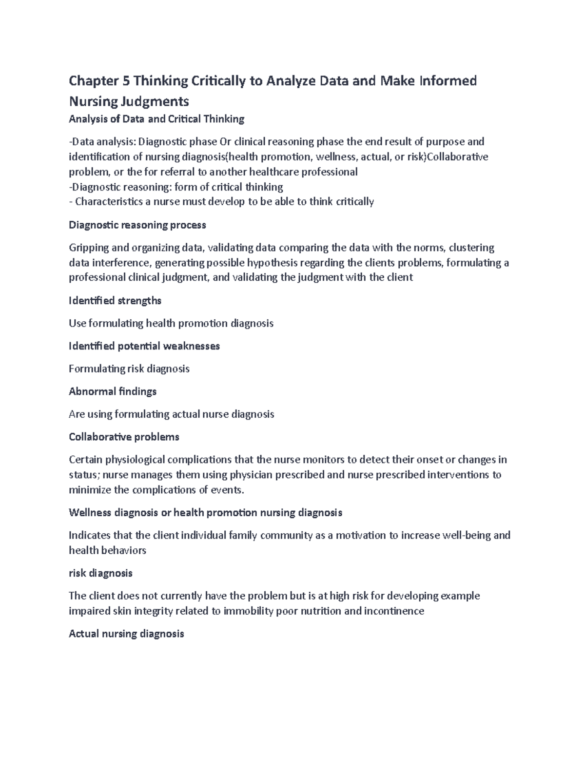 Chapter 5 Thinking Critically to Analyze Data and Make Informed Nursing Judgments - Wellness ...