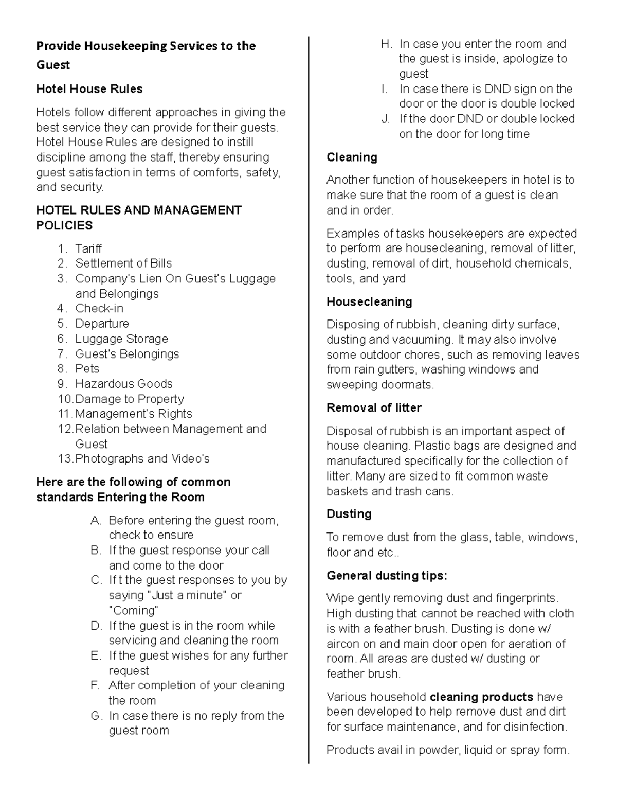 Hospitality Management Module - Provide Housekeeping Services to the ...