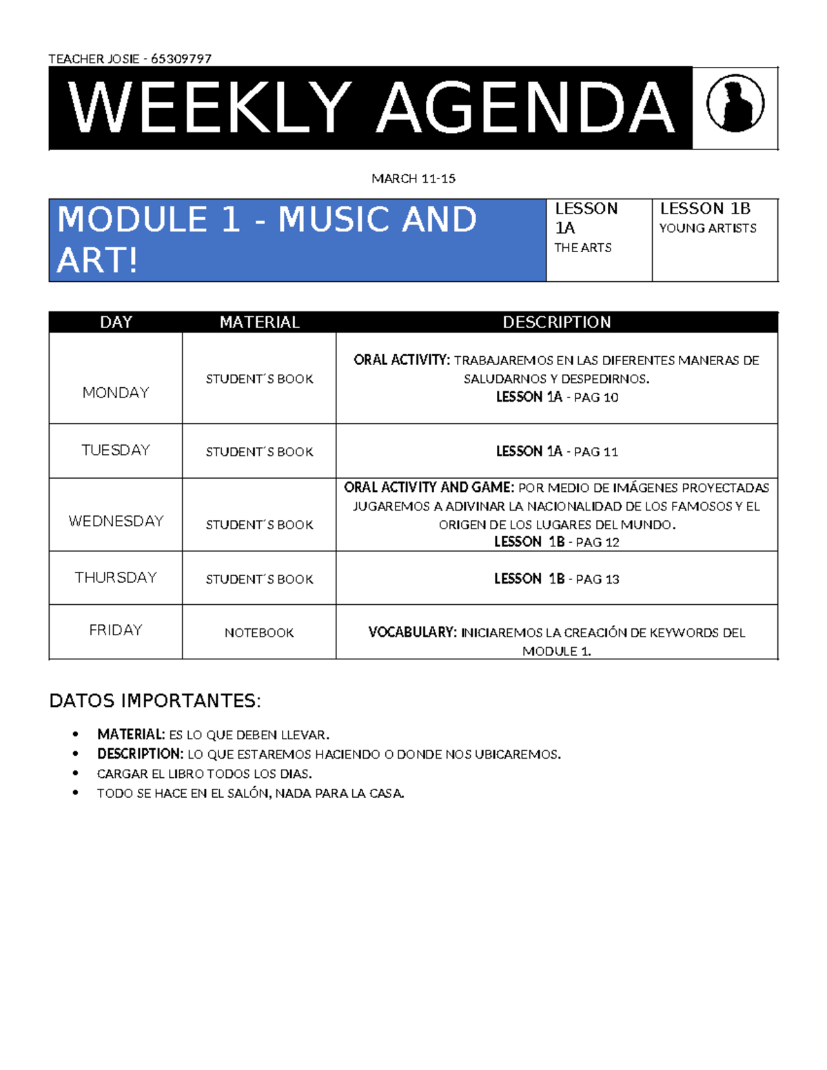 Formato Agendas Semanales - TEACHER JOSIE - 65309797 WEEKLY AGENDA ...
