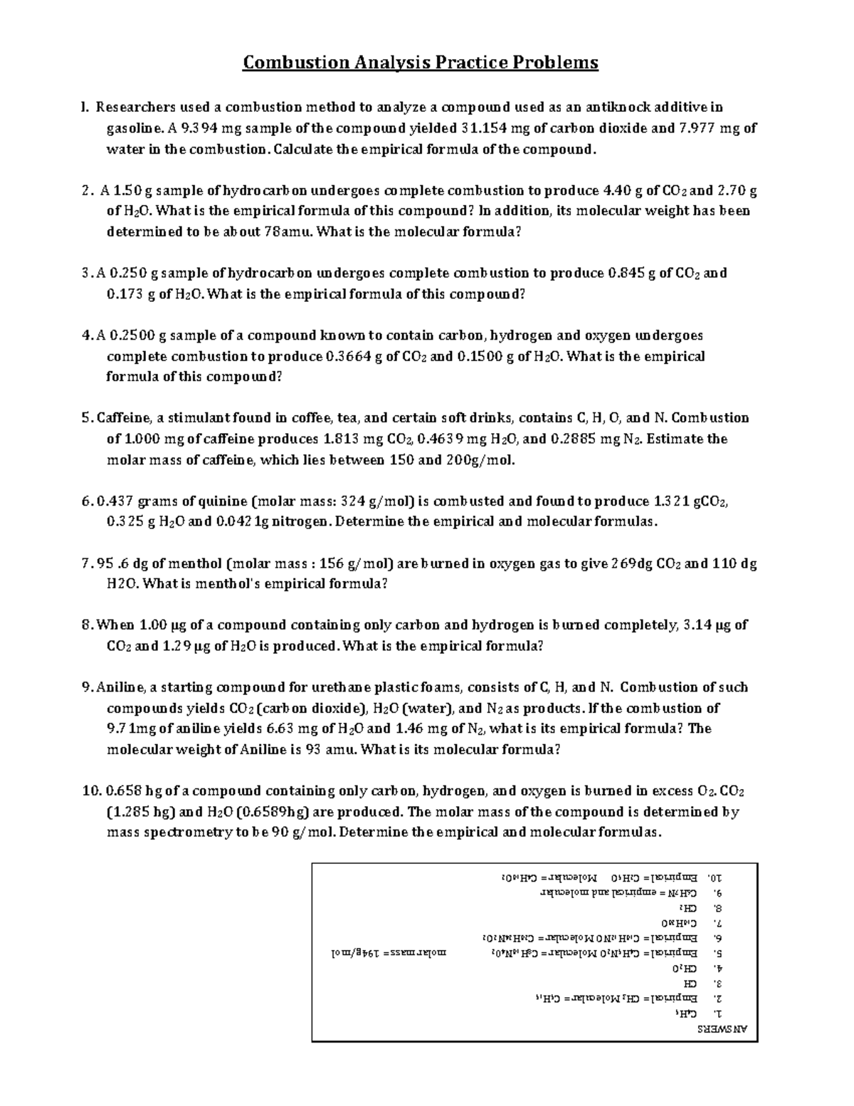 Combustion Analysis worksheet - Combustion Analysis Practice Problems l. Researchers used a ...
