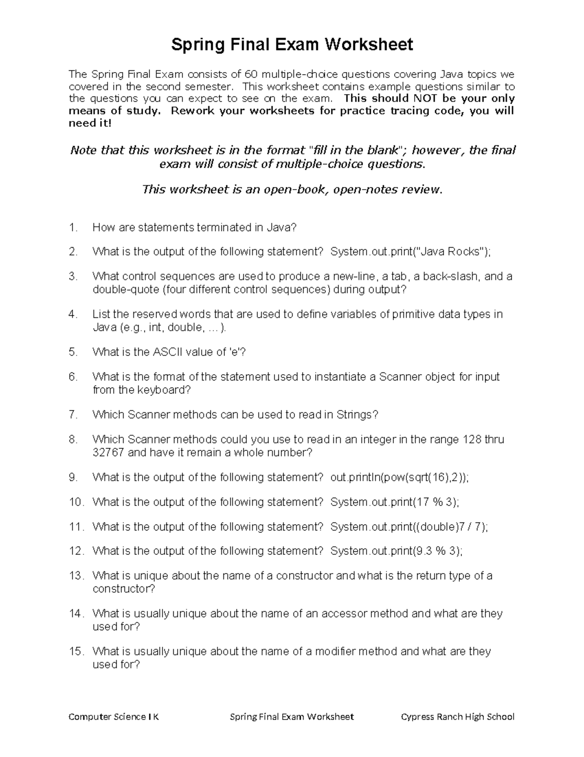 Spring Final Exam Worksheet - This worksheet contains example questions ...