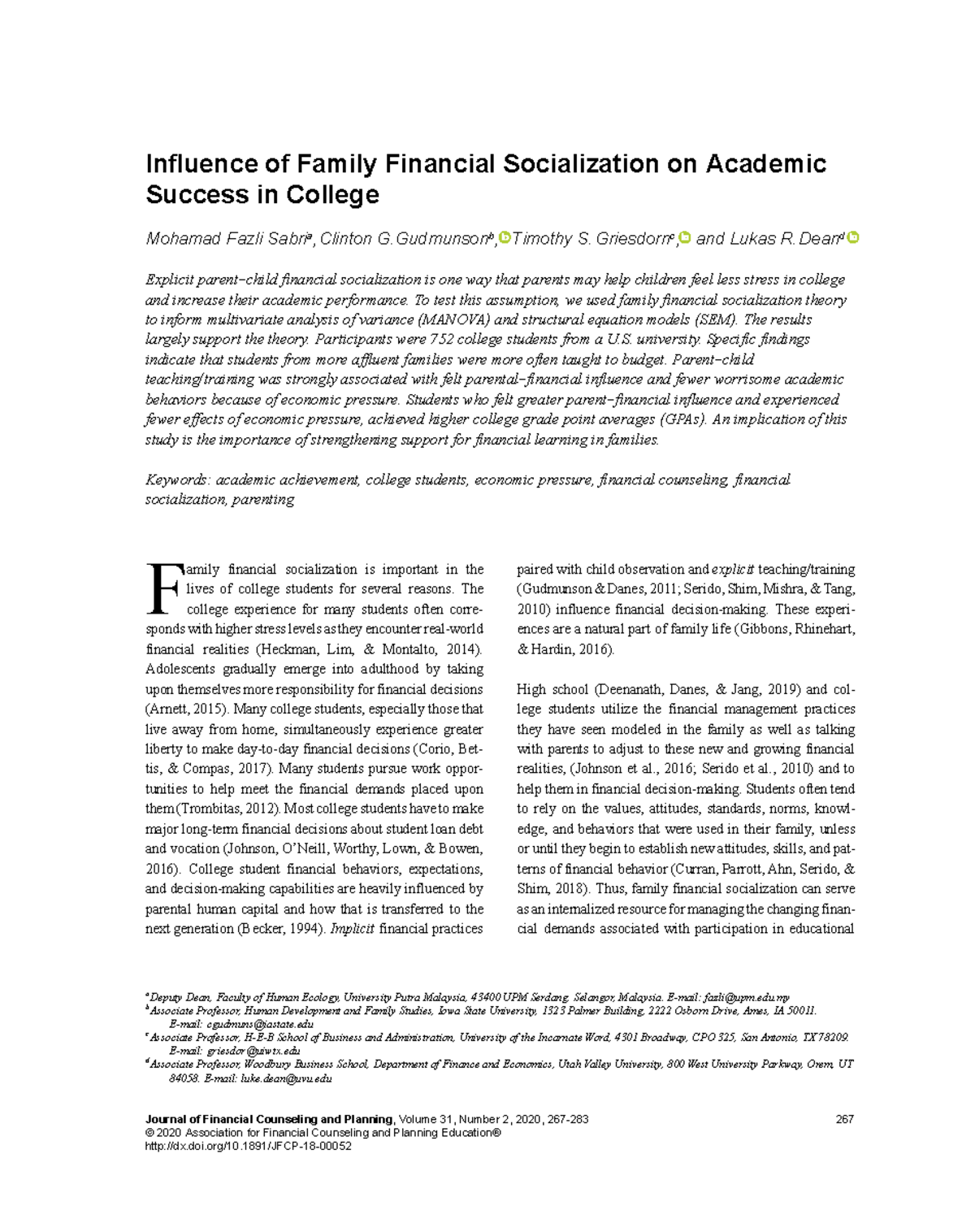 EJ1280282 - Influence of Family Financial Socialization on Academic ...