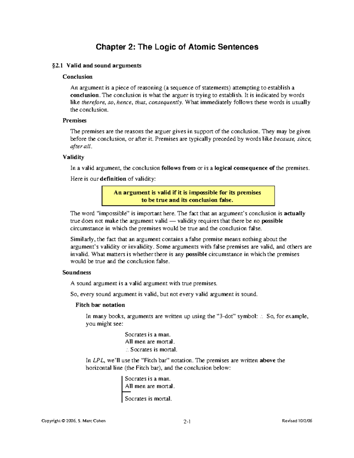 Chapter 2 - zzzzzzzzzzzzzzzz - Chapter 2: The Logic of Atomic Sentences §2 Valid and sound ...