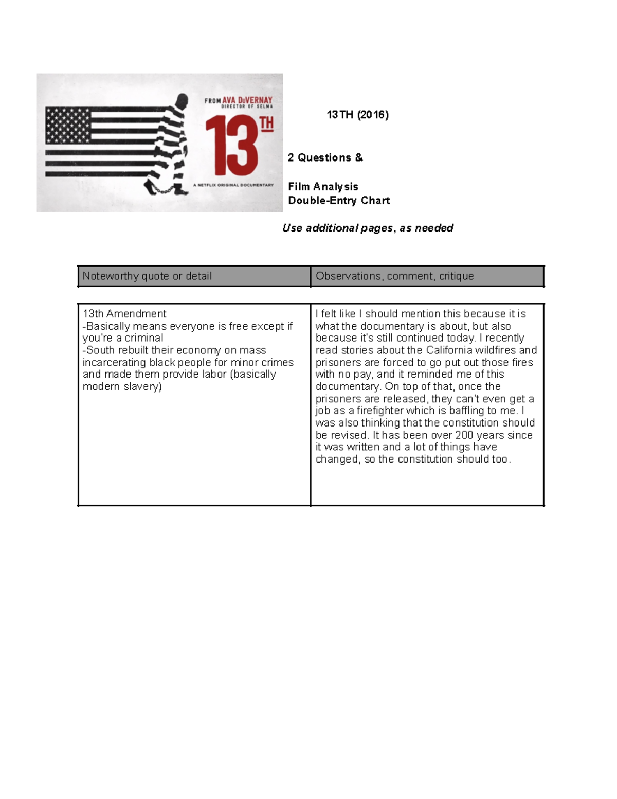 13th Film Analysis Chart -Laura Ciolkowski - 13TH (2016) 2 Questions ...