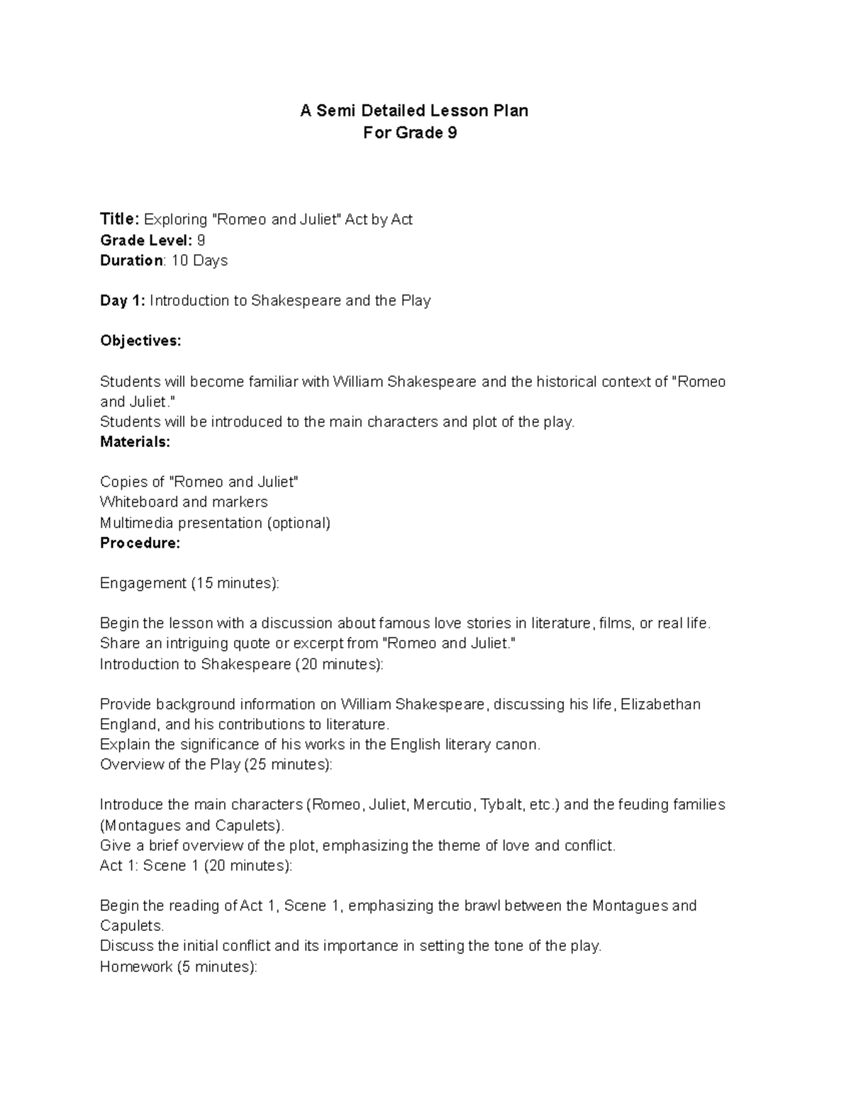 Romeo AND Juliet LP - good - A Semi Detailed Lesson Plan For Grade 9 ...