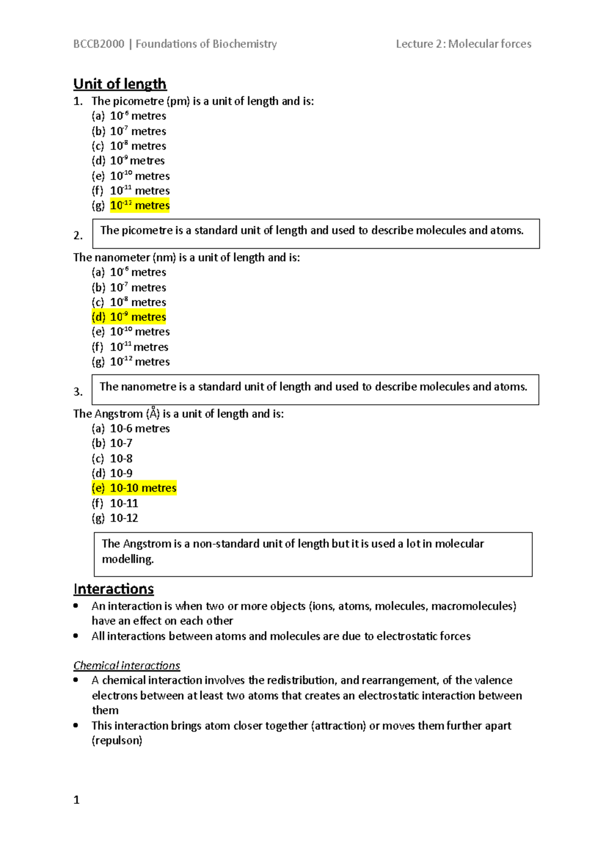 2. Molecular forces - Lecture notes 2 - Unit of length The picometre ...