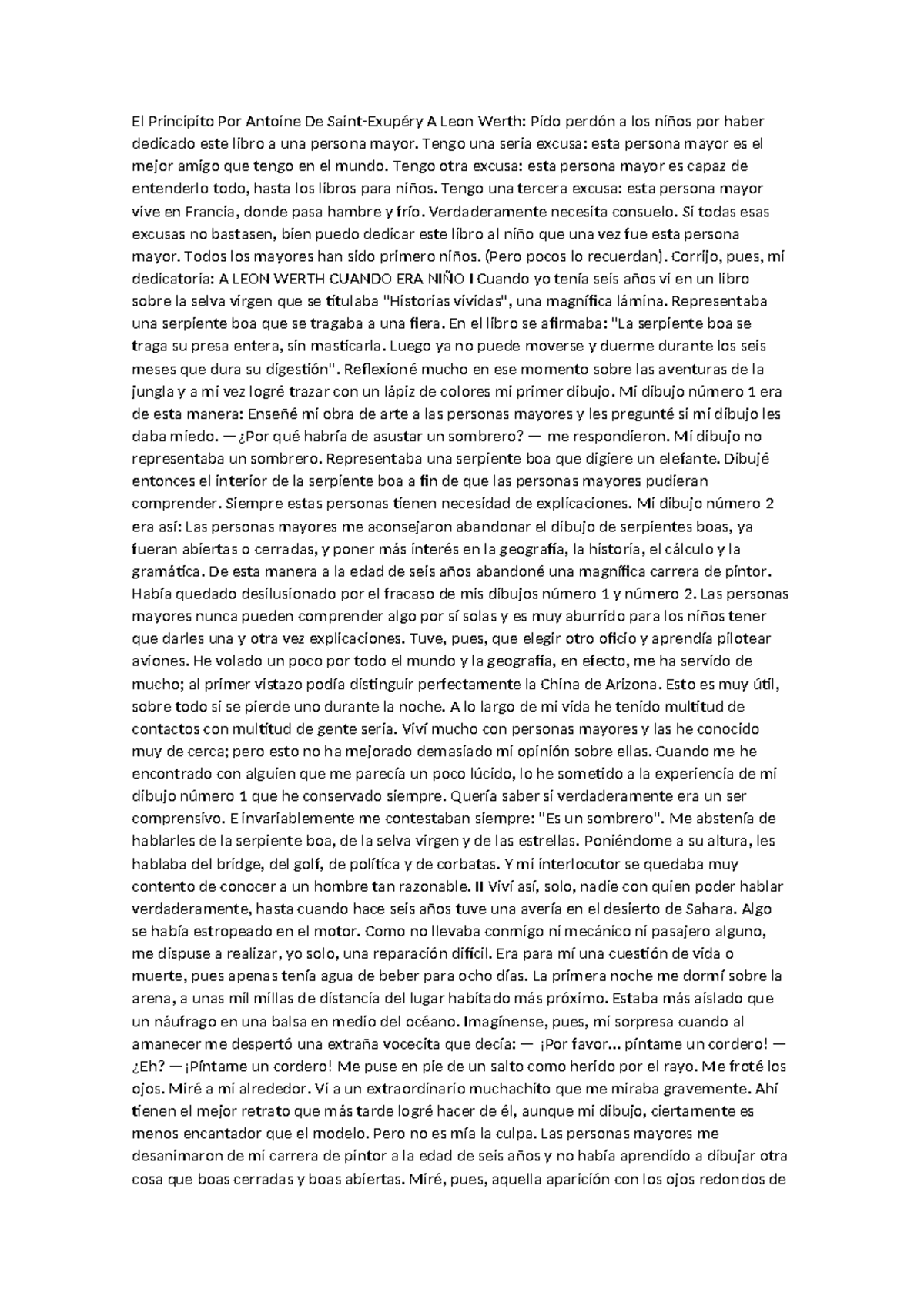 Comprension y readación de textos TA1 - El Principito Por Antoine De ...