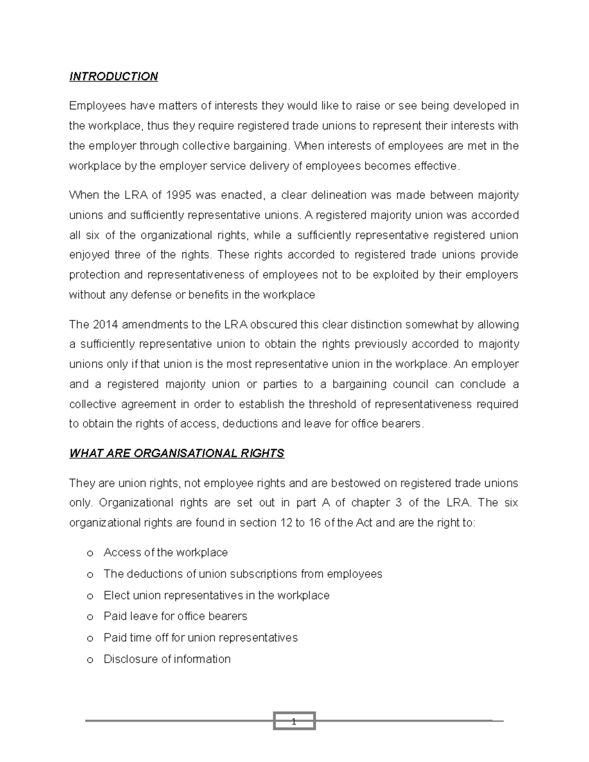 Organisational Rights - INTRODUCTION Employees have matters of ...