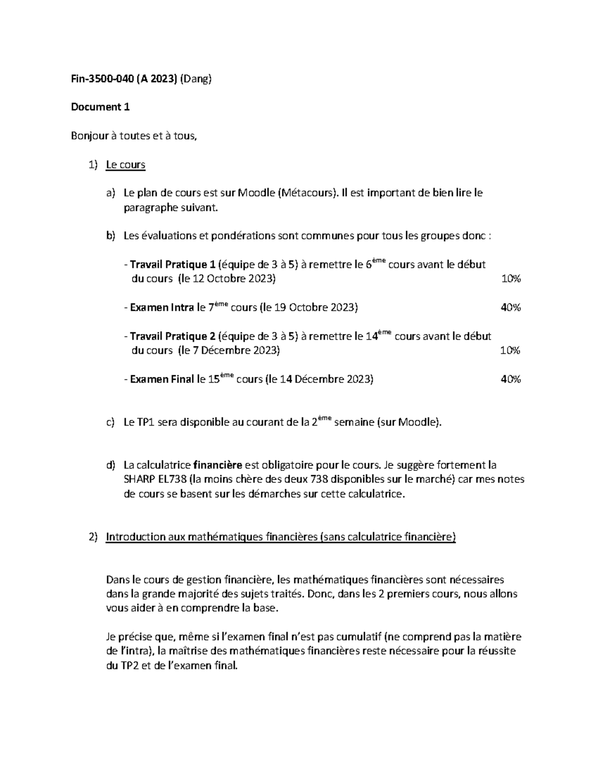 Introduction aux mathématiques financière (FIN3500) - Fin-3500-040 (A ...