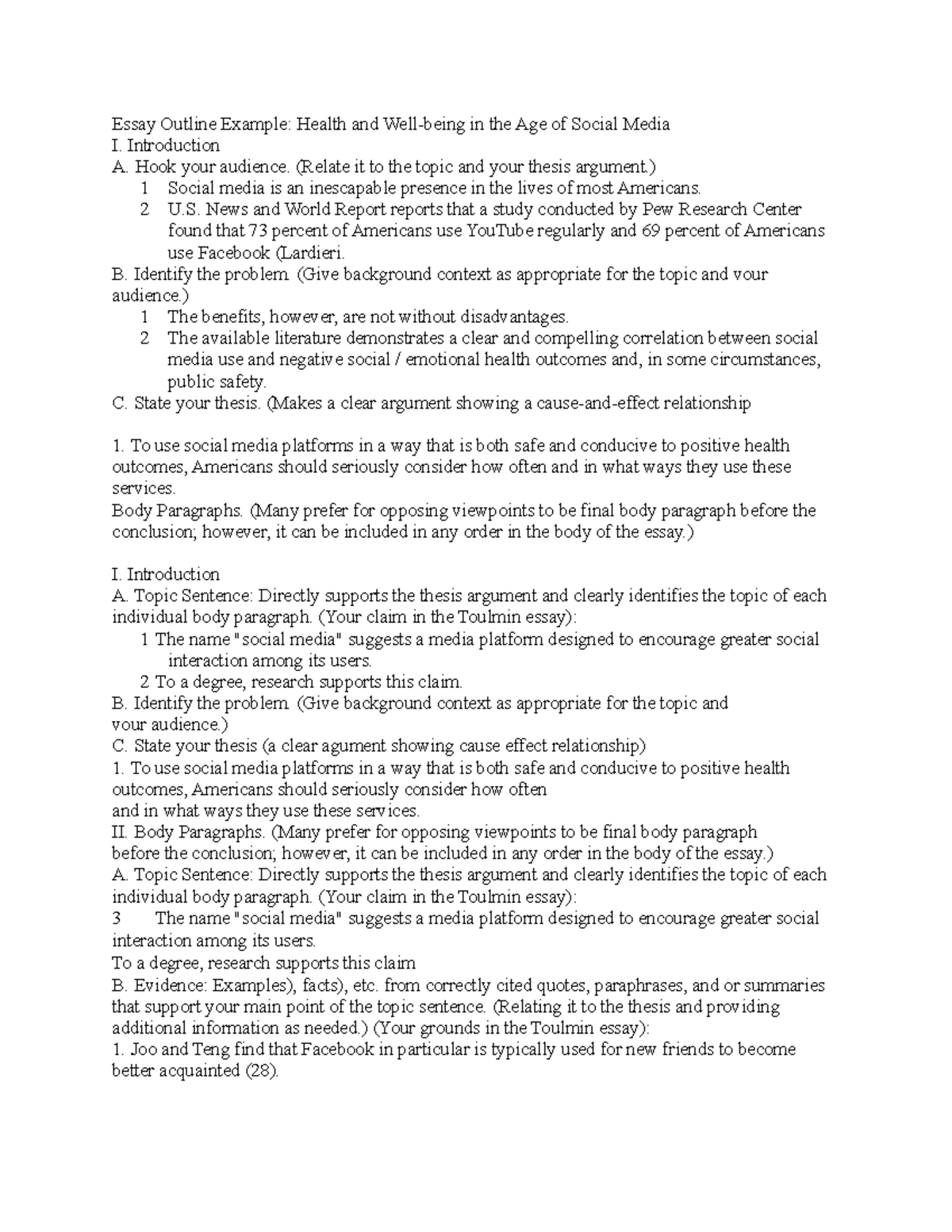 Essay Outline Example - Introduction A. Hook your audience. (Relate it ...