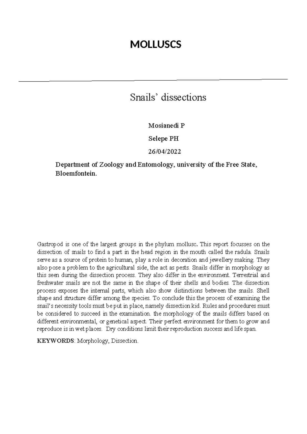 Word mollusc - MOLLUSCS Snails’ dissections Mosianedi P Selepe PH 26/04 ...