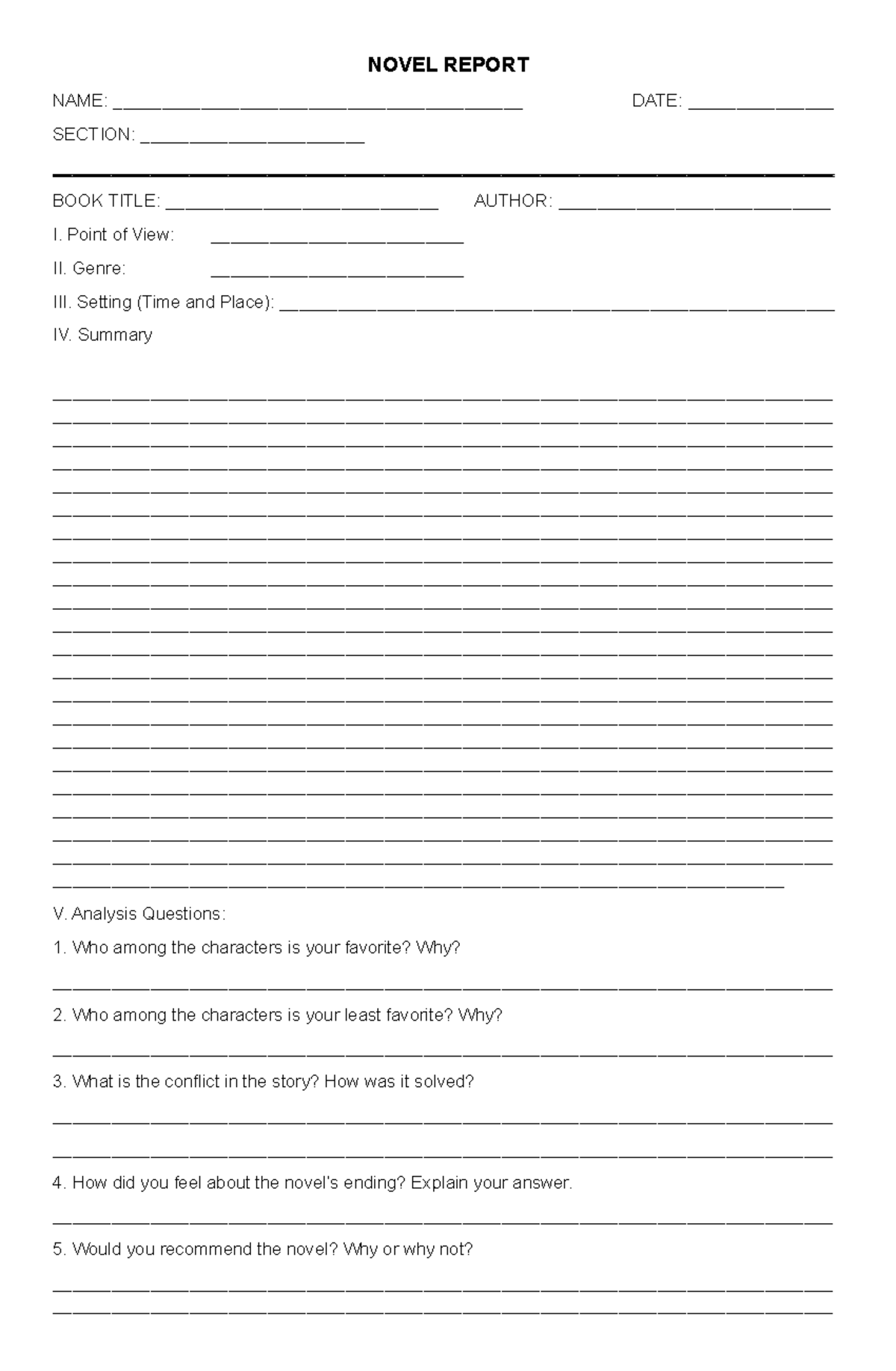 Novel Report - NOVEL REPORT NAME ...