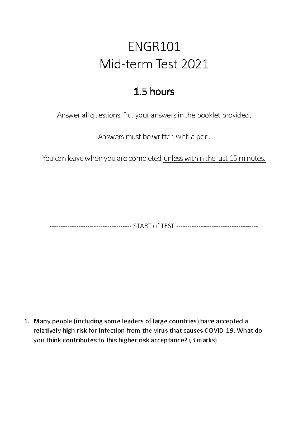 Engr 101 test 2021 - ENGR Mid-term Test 2021 1 hours Answer all ...