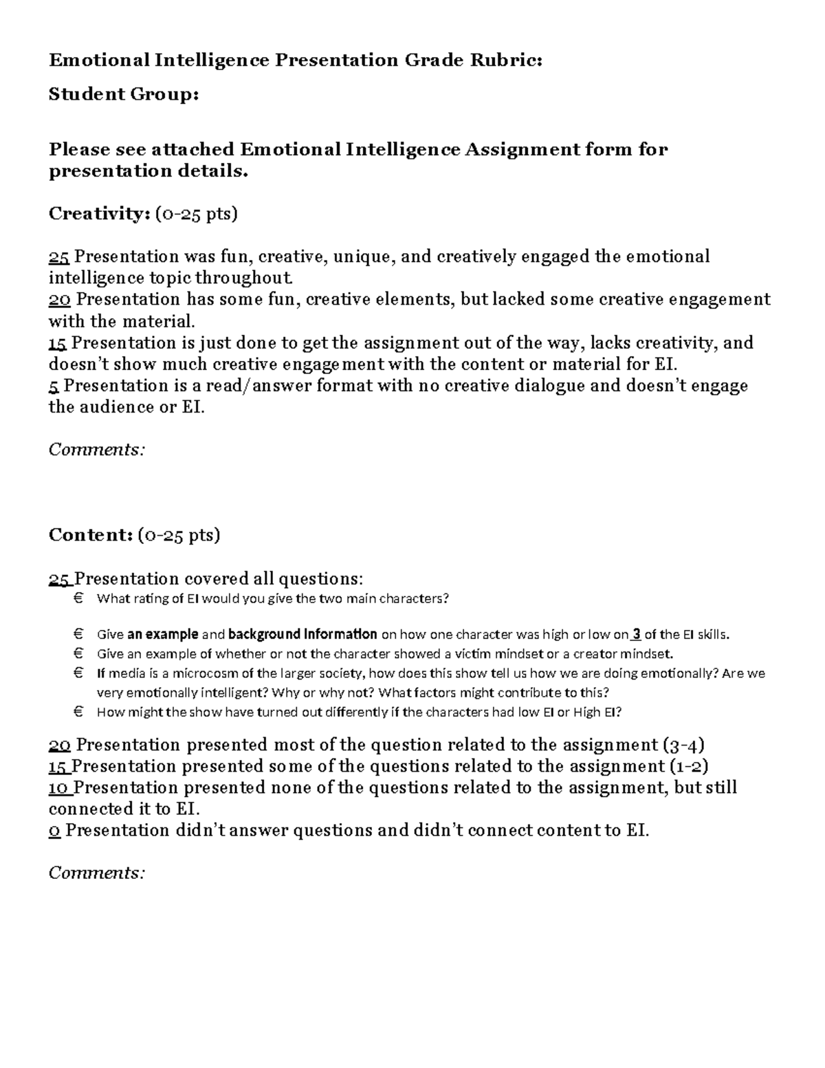 Grade Rubric for Emotional Intelligence - Emotional Intelligence ...
