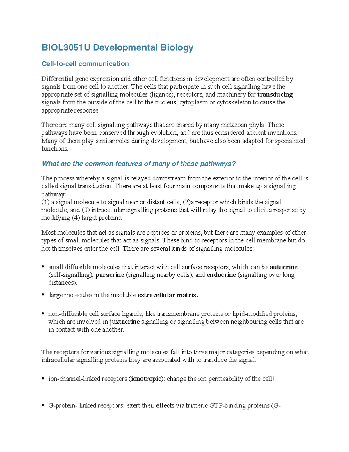 Lecture 2 Cell-to-cell communication - BIOL3051U Developmental Biology Cell-to-cell ...