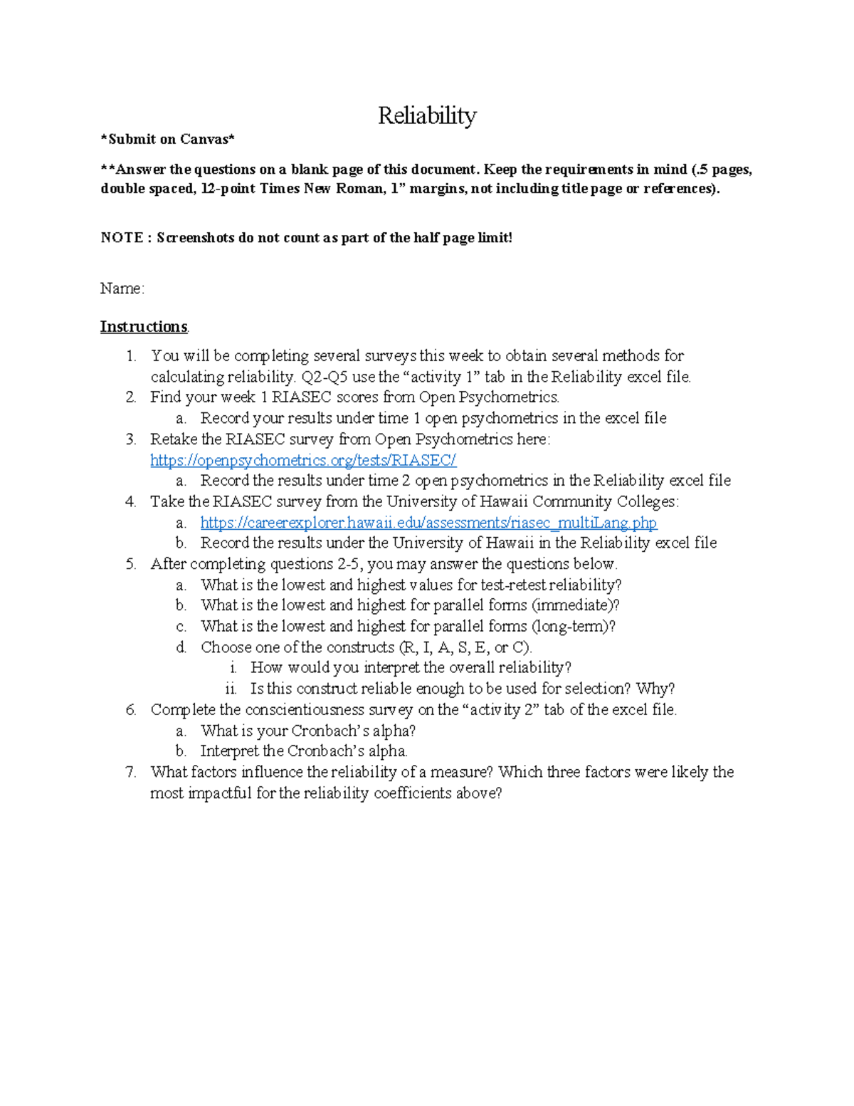 Reliability - Reliability Submit on Canvas **Answer the questions on a ...