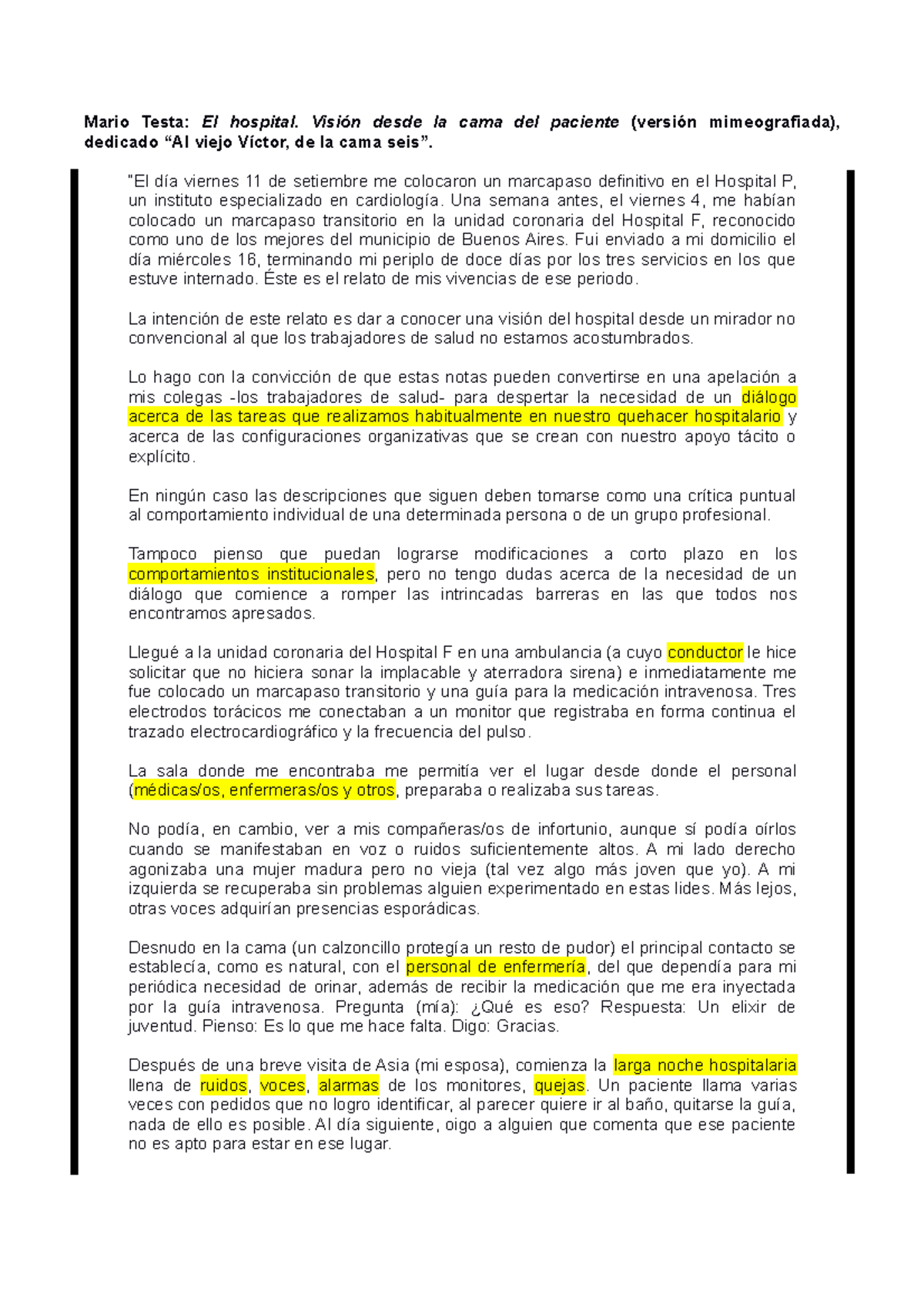 Testa, M. El Hospital. Visión desde la cama del paciente - Mario Testa ...