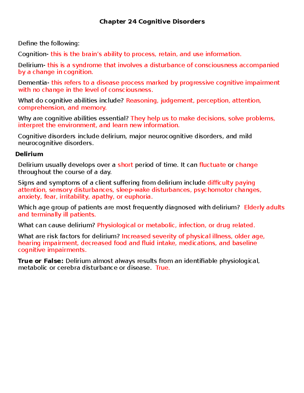 Chapter 24 - Chapter 24 Cognitive Disorders Define the following ...