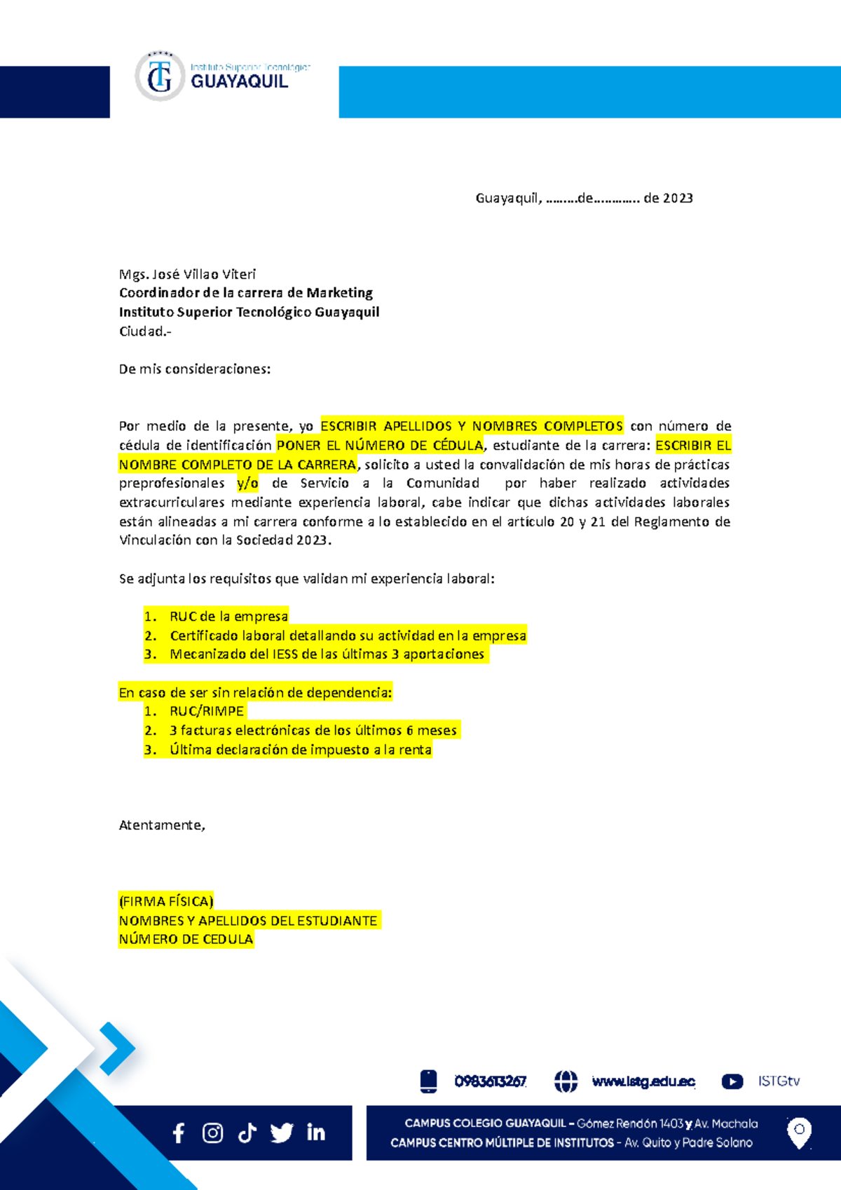 Modelo de solicitud para validar horas de ppp y Vinculación - Guayaquil
