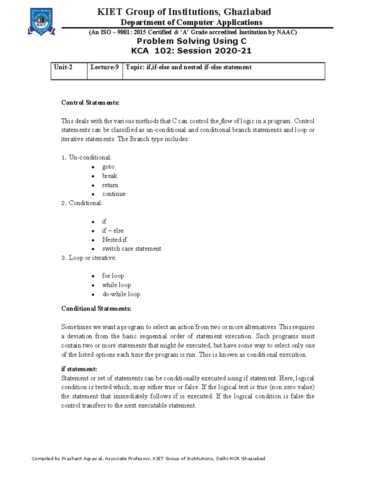 Lecture Wise Notes Unit 2 Kca 102 Department Of Computer Applications An Iso 9001 2015