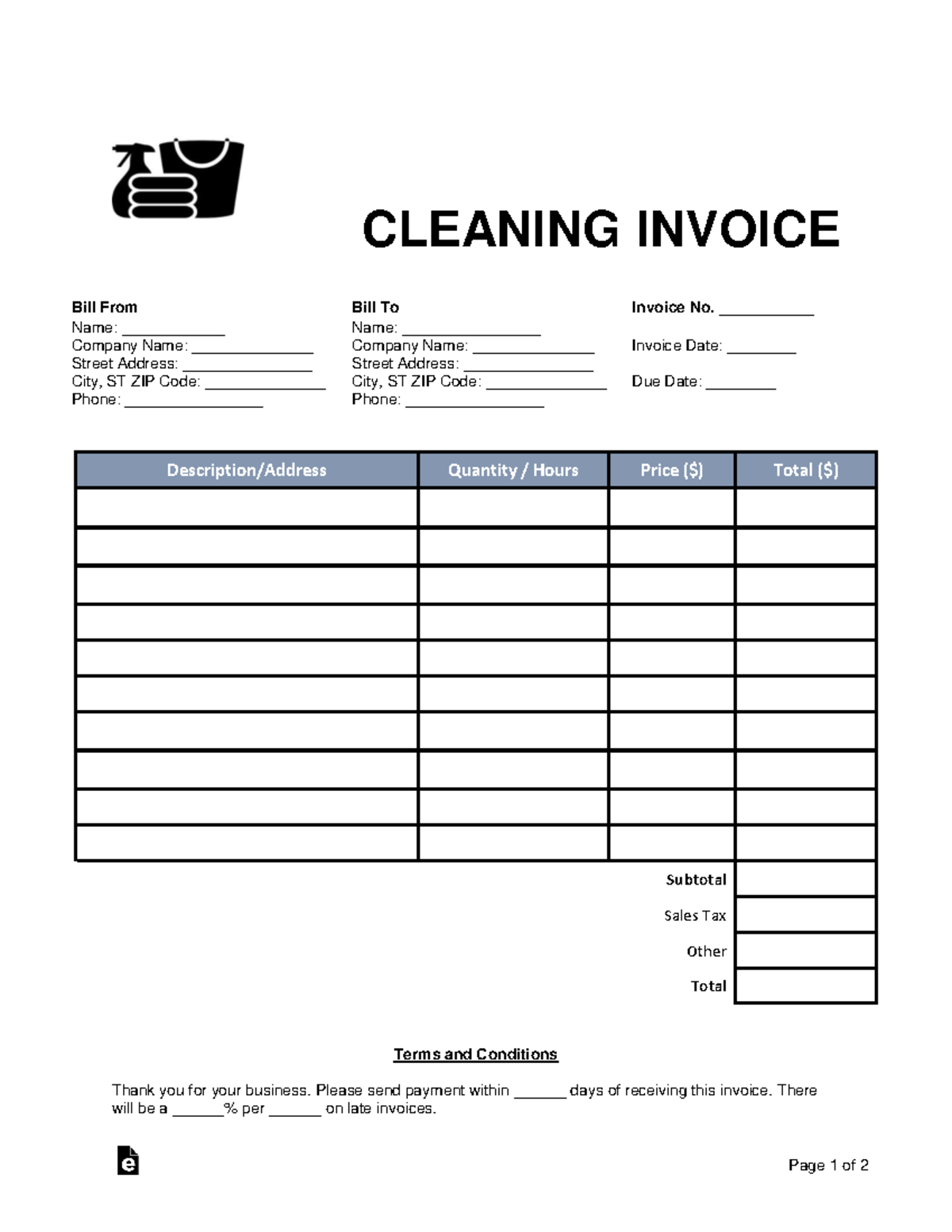 Cleaning-invoice-template - Page 1 of 2 CLEANING INVOICE Bill From Name ...