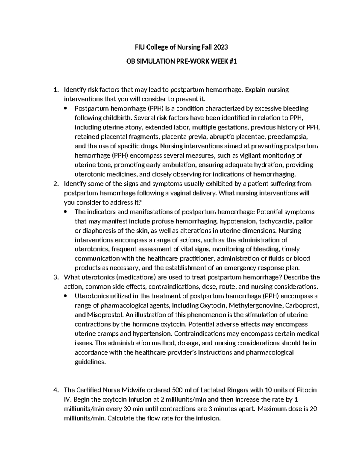 Sim Pre work Week 1 OB - Simulation Work for week 1 - FIU College of Nursing Fall 2023 OB ...