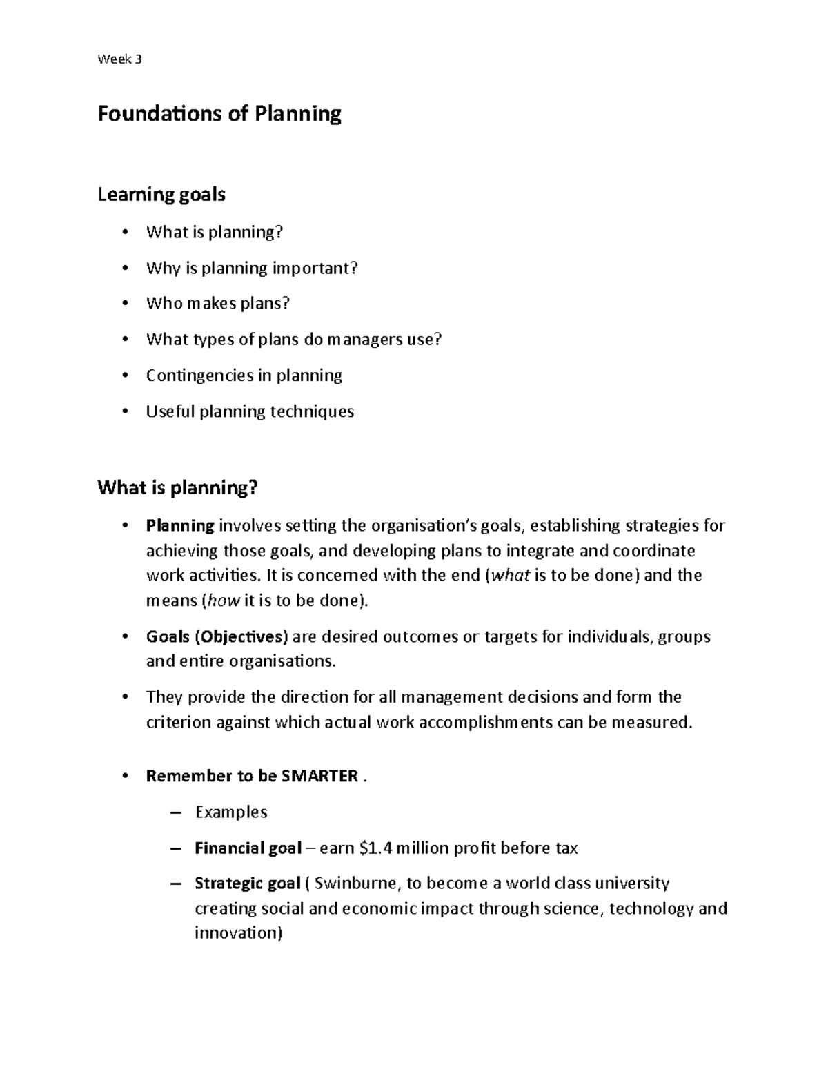 Week 3 - Summary Introduction to management - Foundations of Planning ...