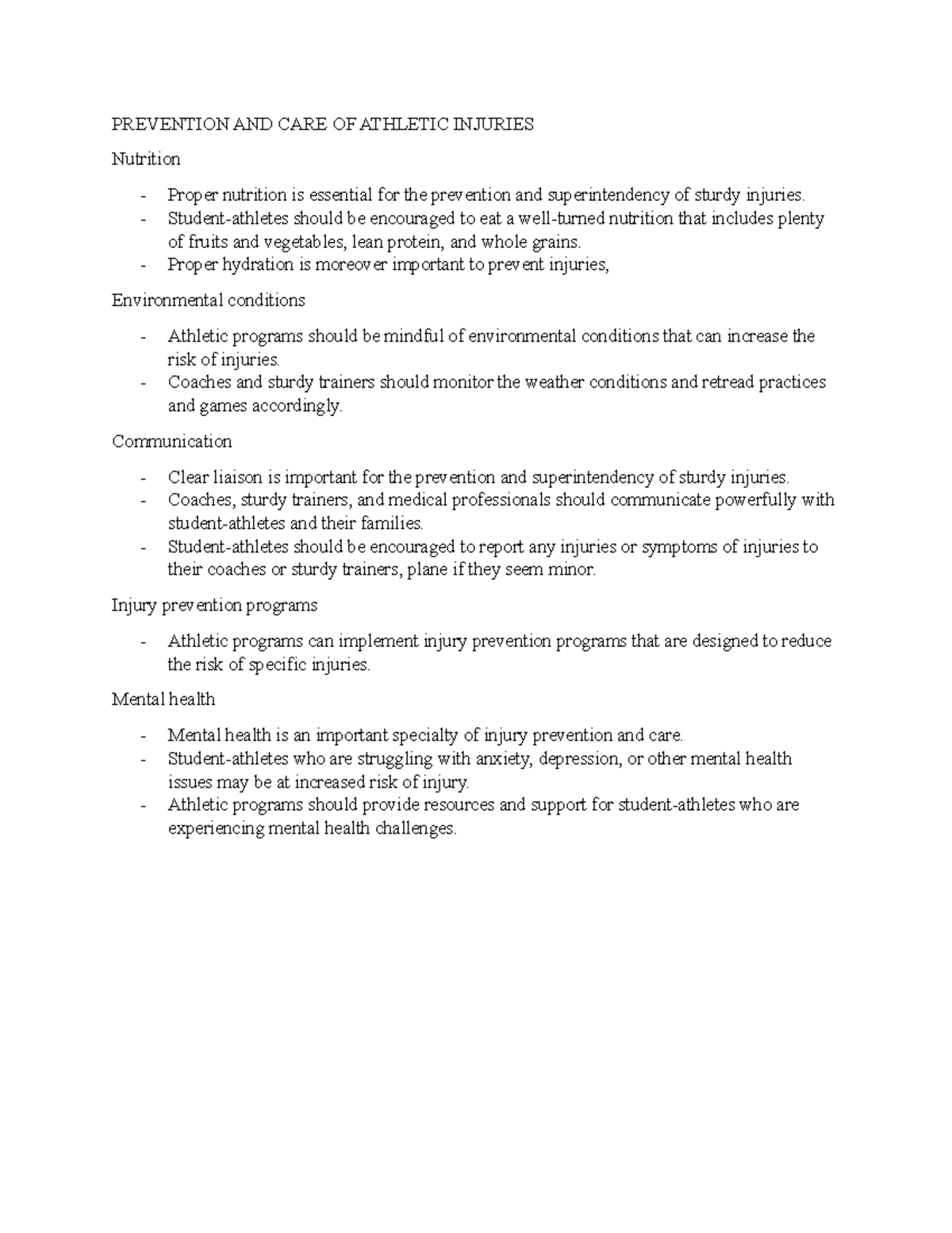 Prevention AND CARE OF Athletic Injuries Notes 2 - PREVENTION AND CARE ...
