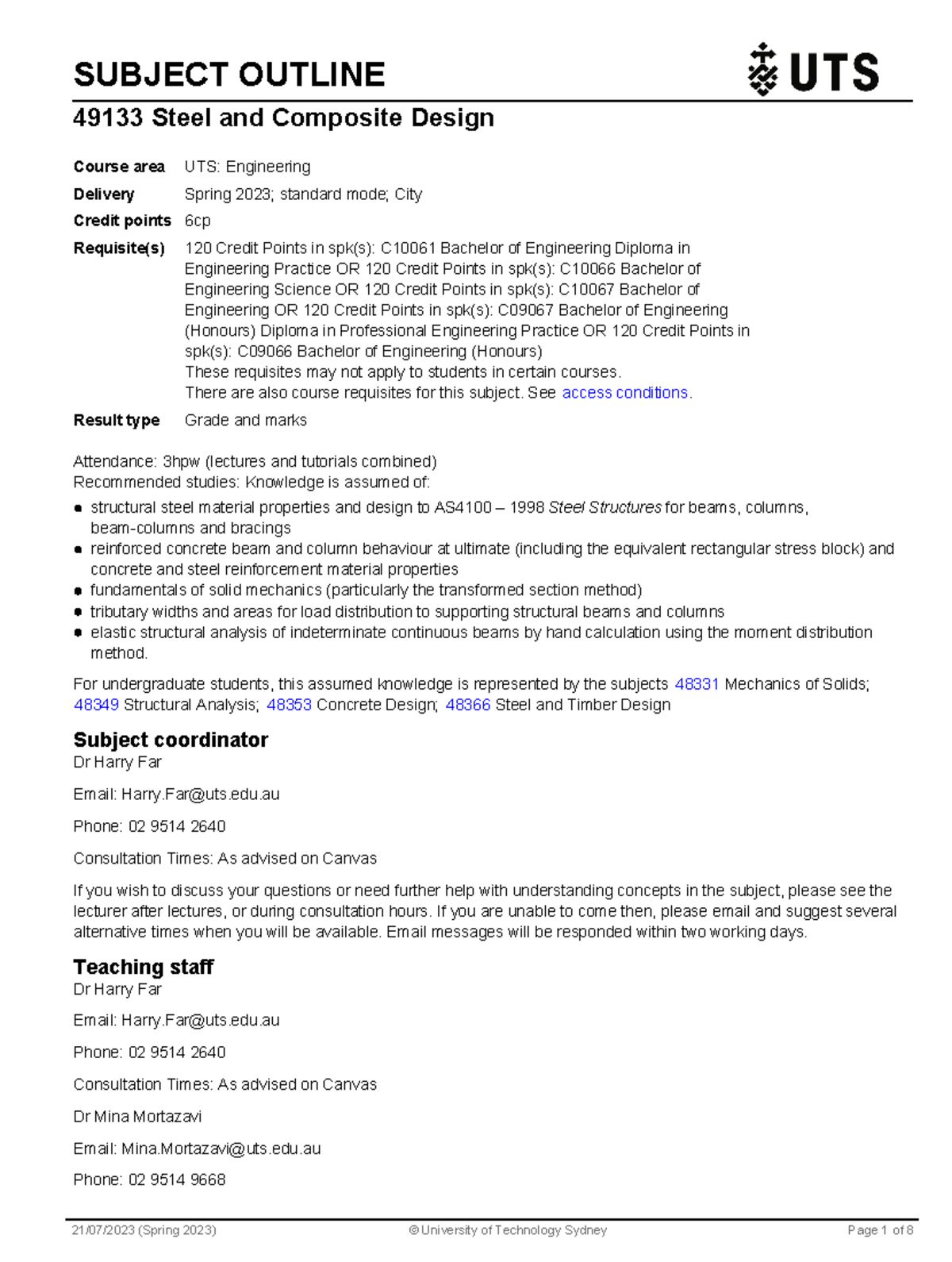 Steel and Composite Design Subject Outline - SUBJECT OUTLINE 49133 ...