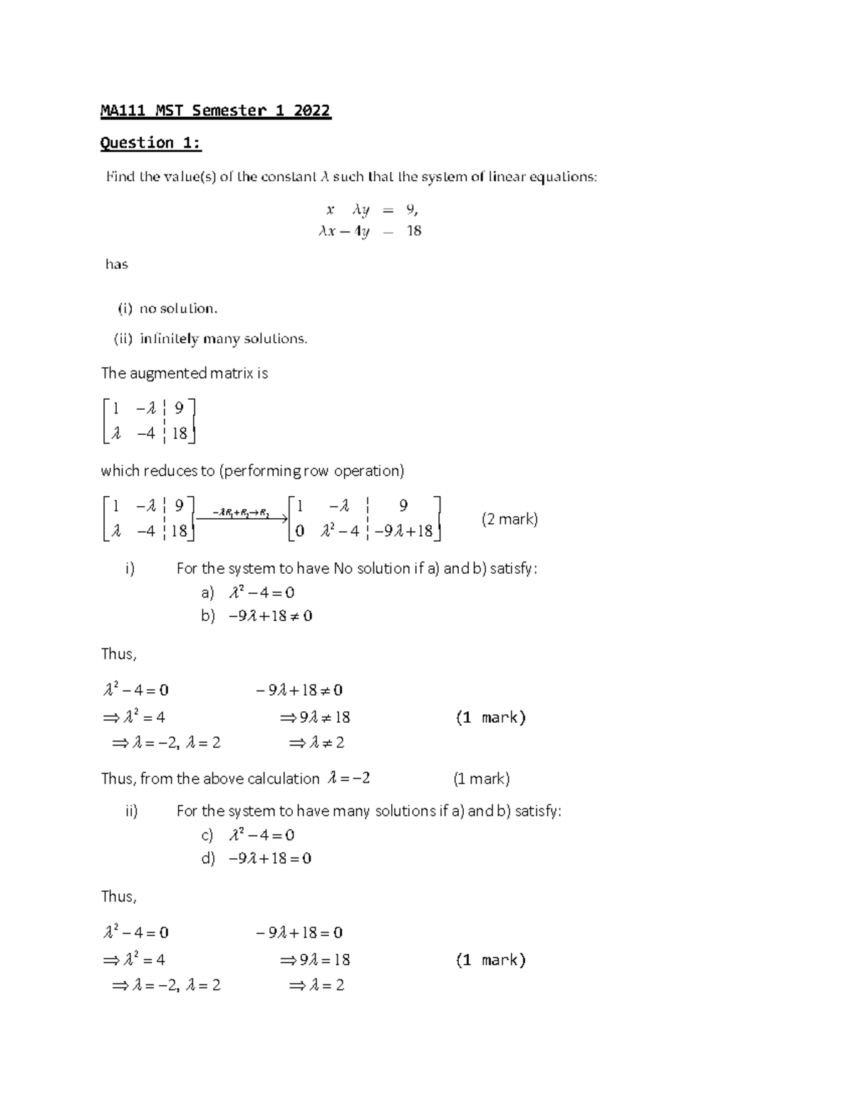 Ma111 Mst Solution S1 2022 Ma111 Mst Semester 1 2022 Question 1 The