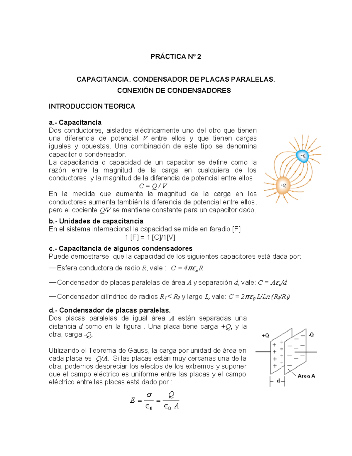 Teoría DE Condensadores - PRÁCTICA Nº 2 CAPACITANCIA. CONDENSADOR DE PLACAS PARALELAS. CONEXIÓN ...