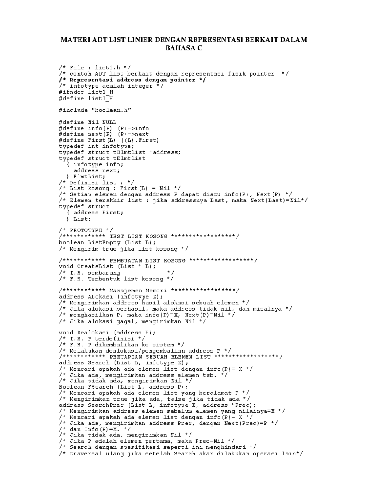 Materi ADT LIST Linier Dengan Representasi Berkait Dalam Bahasa C - MATERI ADT LIST LINIER ...