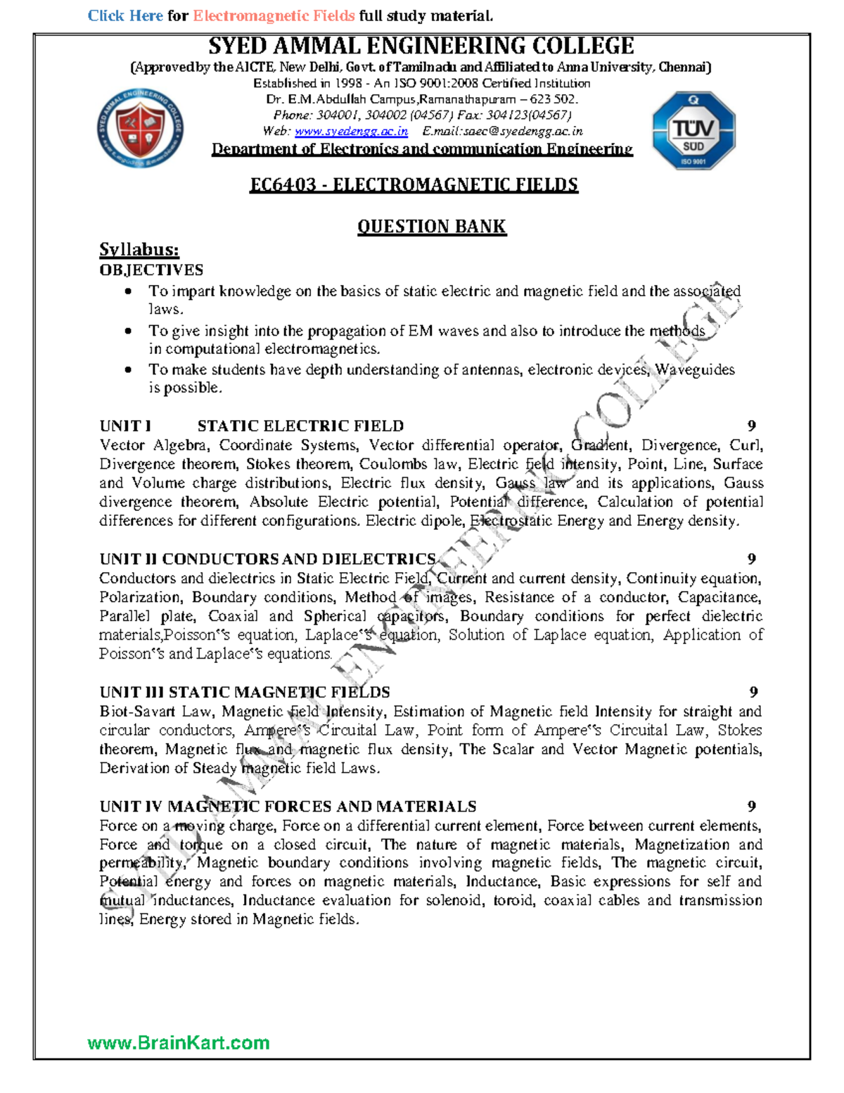 355 - EC8451 Electromagnetic Fields - Question Bank - SYED AMMAL ENGINEERING COLLEGE (Approved ...