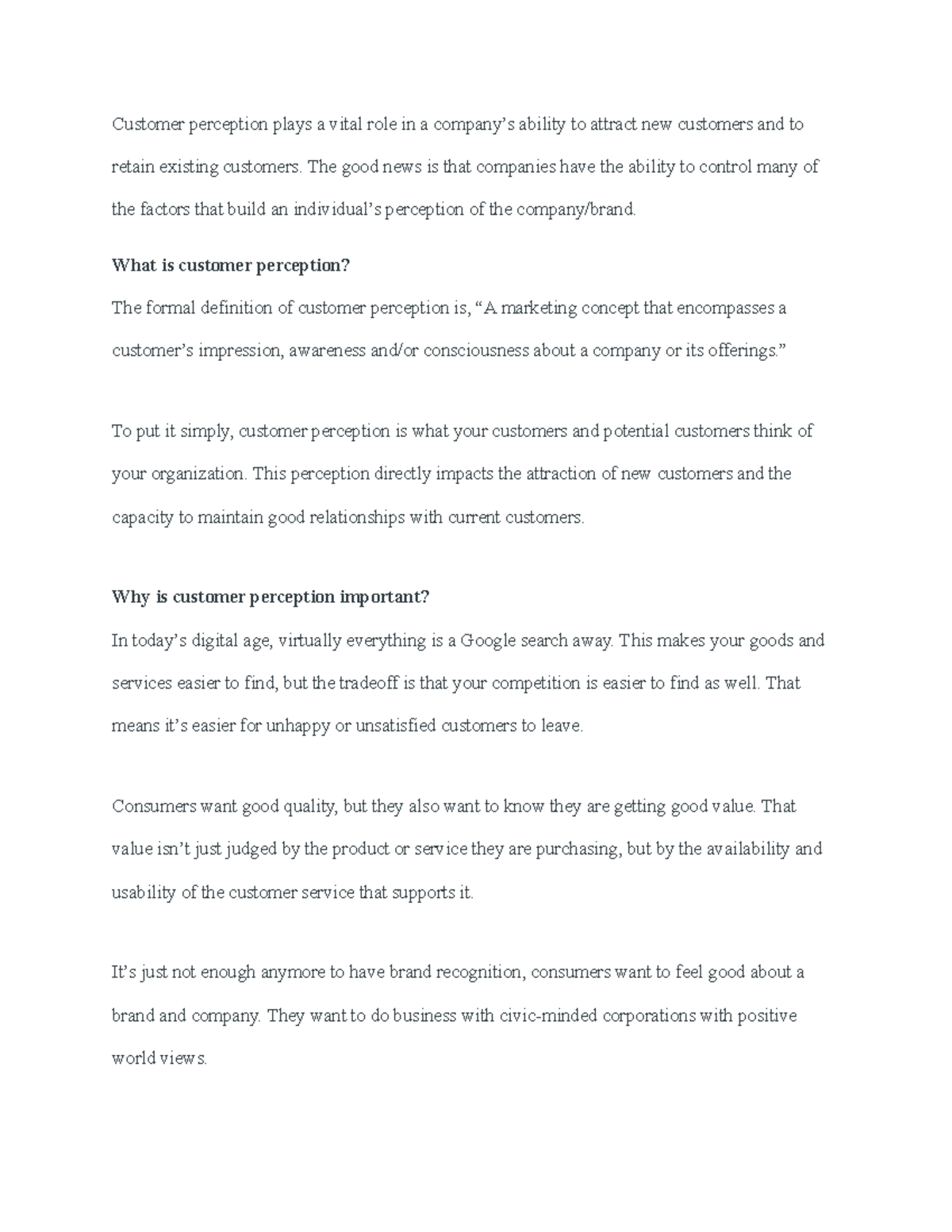 Week 1 Customer perception - Customer perception plays a vital role in ...