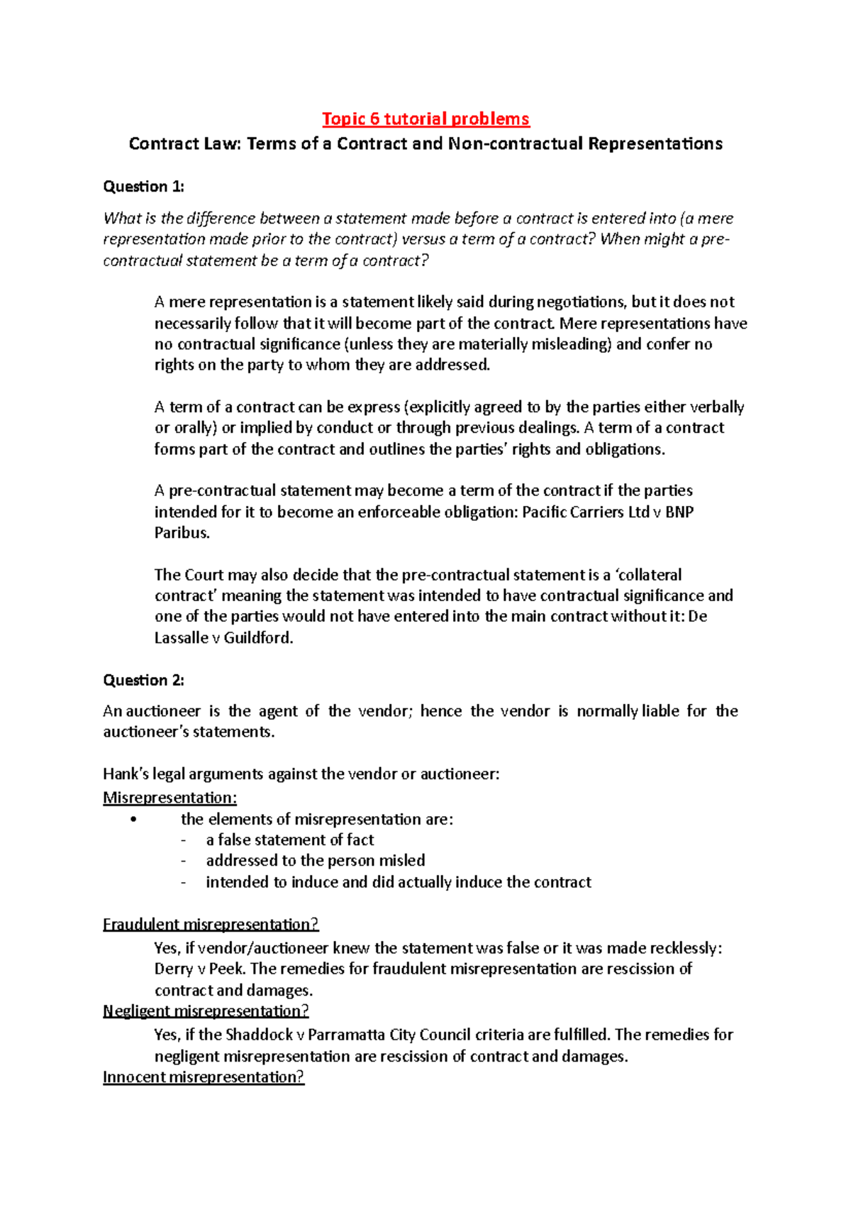 Week 6 In class Questions - Terms of a contract - Topic 6 tutorial ...