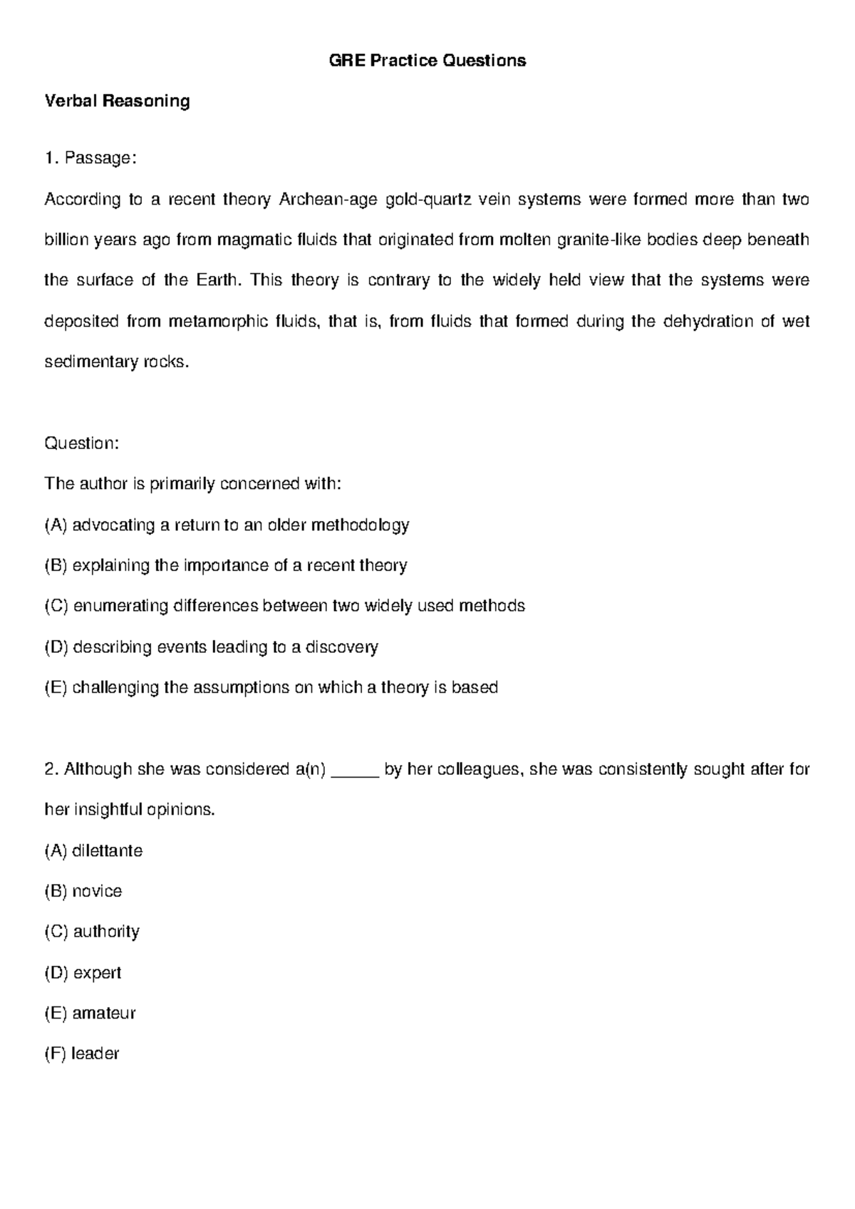 GRE Practice Questions - GRE Practice Questions Verbal Reasoning ...