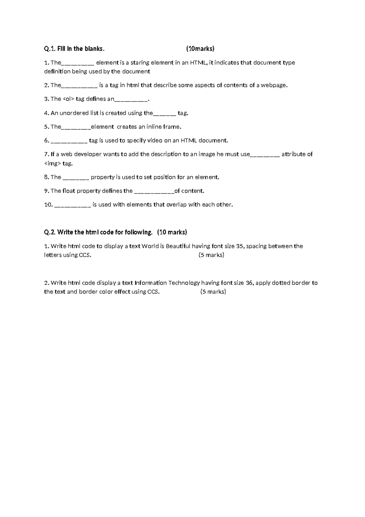 Class test 1 IT syjc commerce - Q. Fill in the blanks. (10marks) The ...