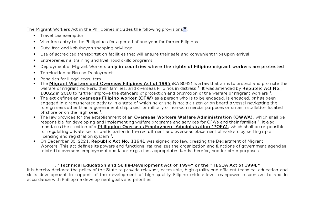 The Migrant Workers Act in the Philippines includes the following ...