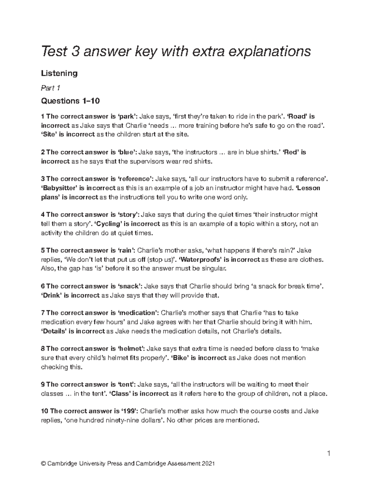 Ielts 16, Test 3 answer key, Listening - 1 Test 3 answer key with extra ...