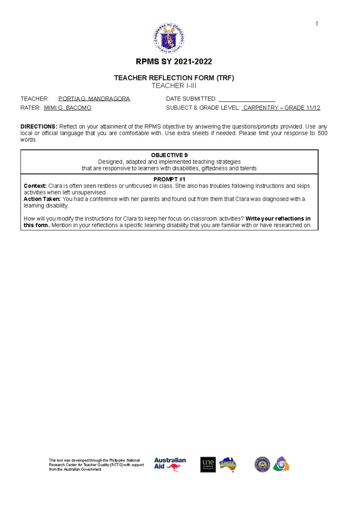 TRF1-Portia - notes - RPMS SY 2021- TEACHER REFLECTION FORM (TRF ...