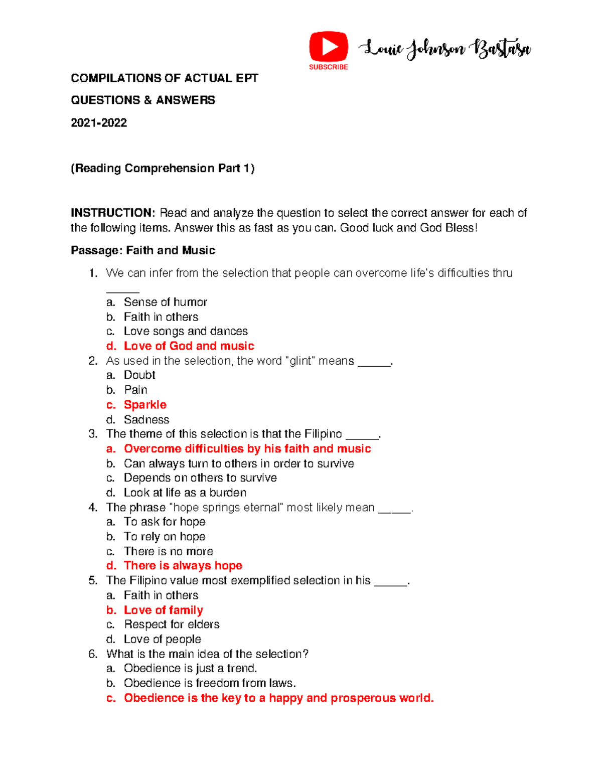 Reading Comprehension Part 1 - COMPILATIONS OF ACTUAL EPT QUESTIONS ...